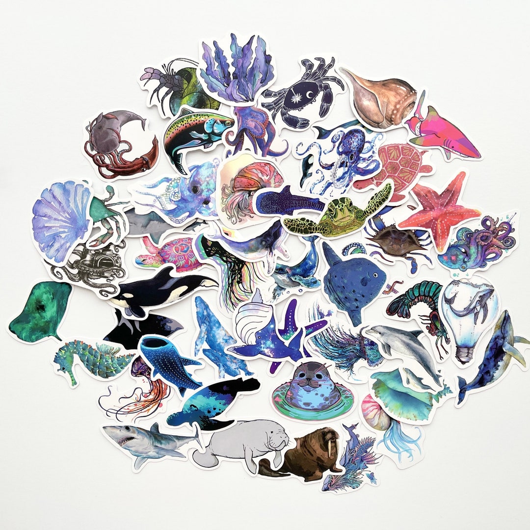 50 Whimsical Ocean Themed Sticker Set - Ocean Watercolor Like Style ...