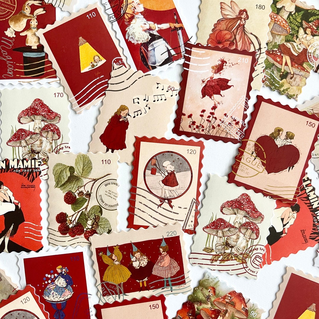 40 Vintage Red Stamp Stickers Adorable Boho Red Theme Floral Young Girl ...