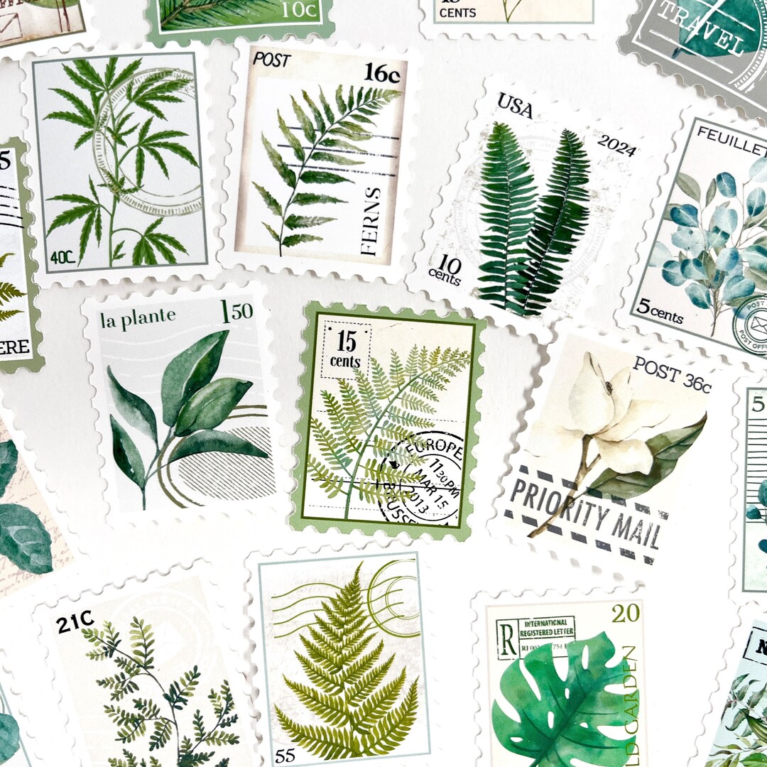 25 Green Botanical Designed Stamp Stickers - Green Themed Fern Leaf ...