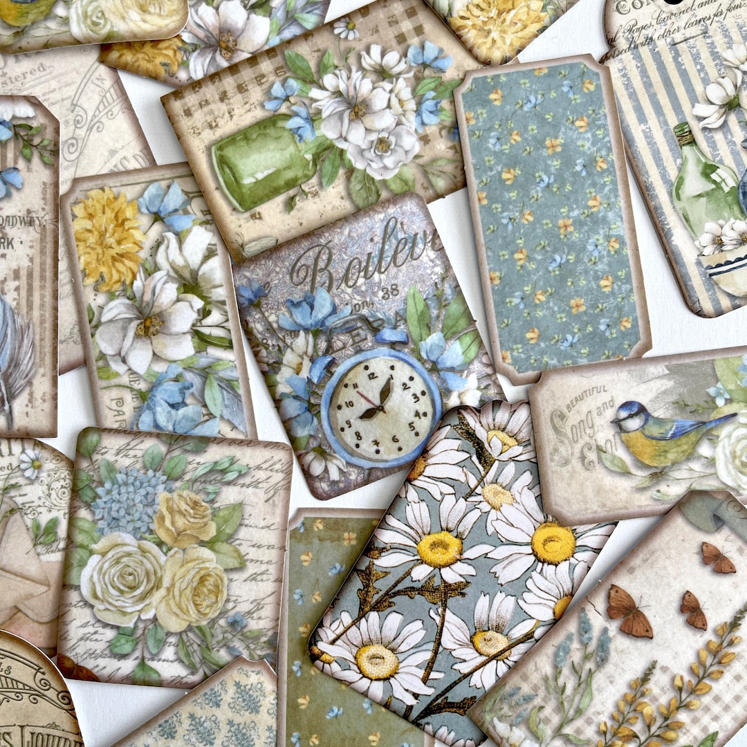 25pcs Vintage Parisian Stickers & PAPERS - Blue Floral Designs for ...