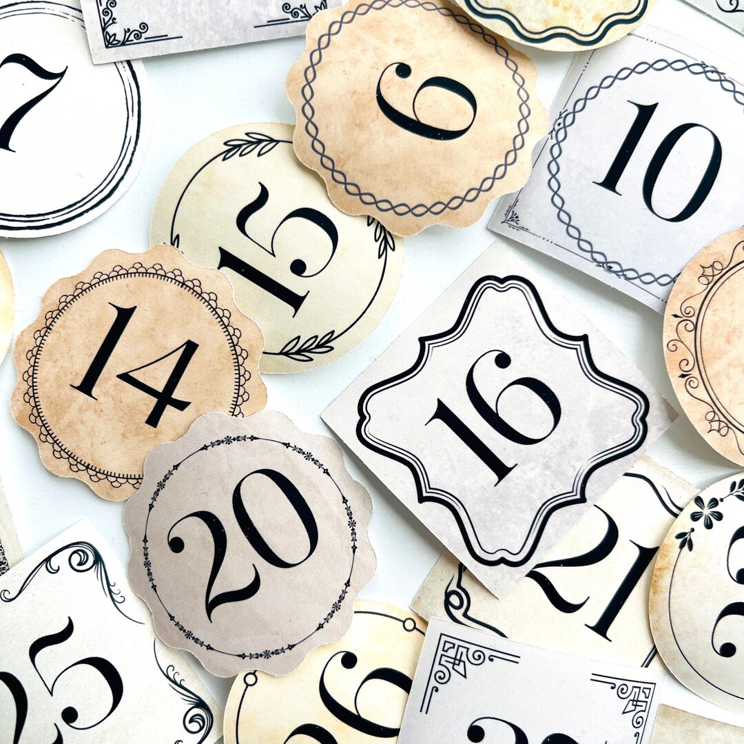 Vintage Calendar Number Labels, Weathered Sticker Design, for Crafting ...