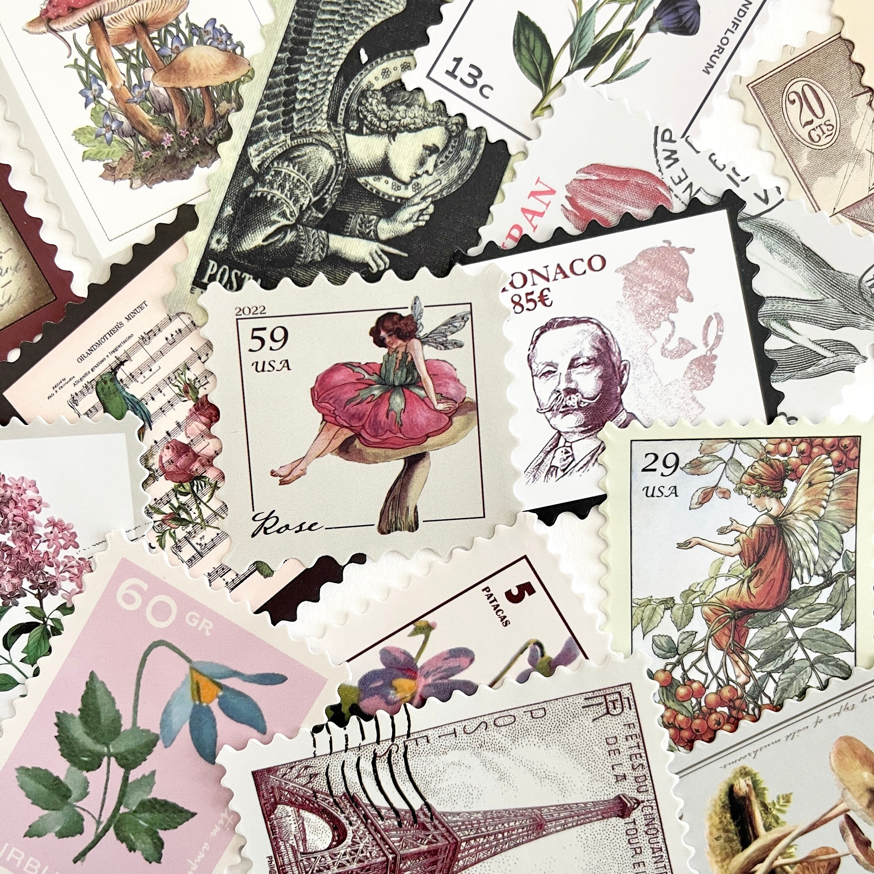 50 Mixed Design Vintage Stamp Stickers - Floral Fairy Botanical ...