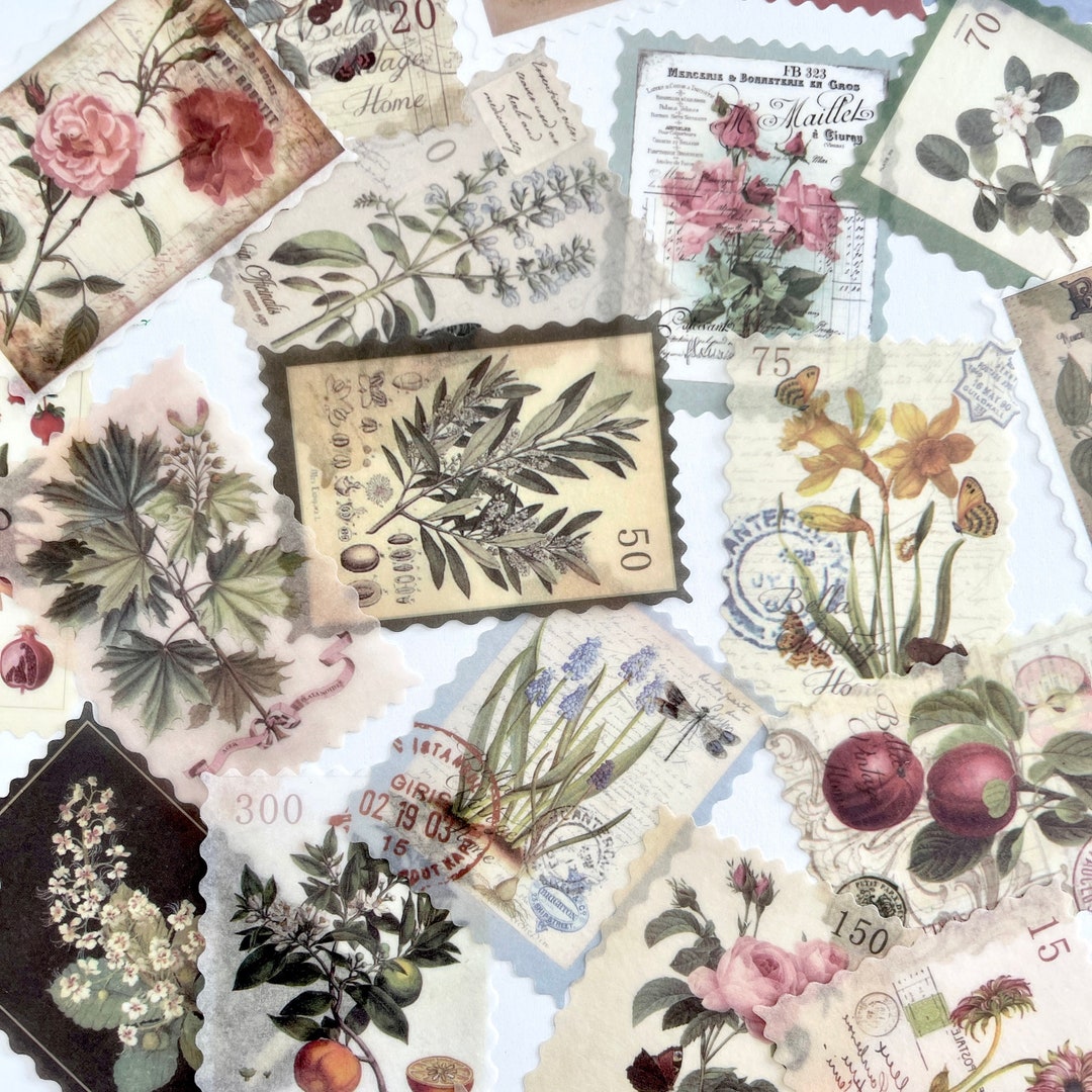 30 Vintage Floral Stamp Design Sticker - Large Translucent Washi Paper ...