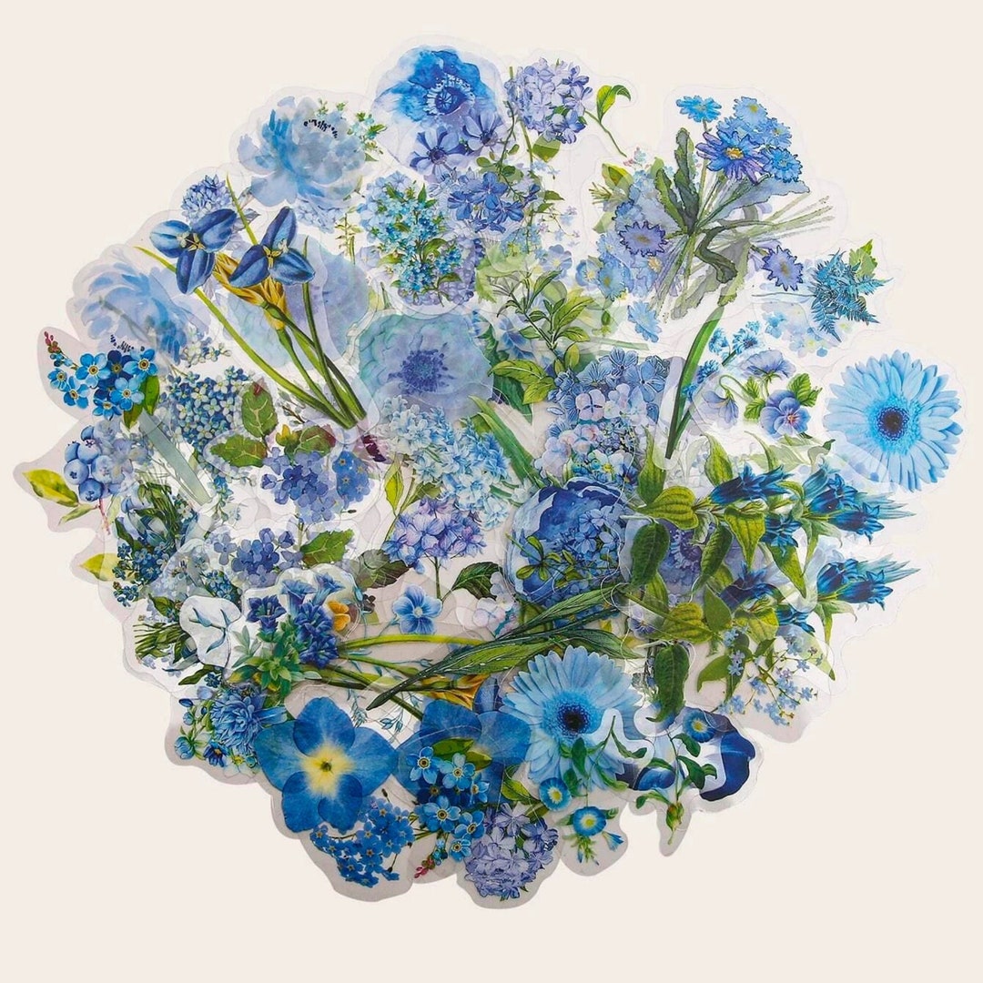 Blue Floral Botanical Stickers Clear Blue Flower Stickers - Etsy
