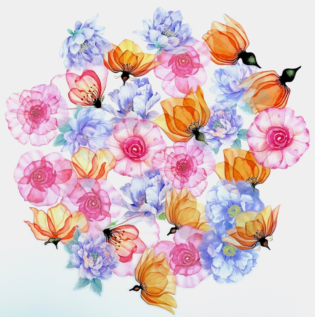 10 LARGE Flower Stickers - Colorful Pink Purple Orange - Clear Back ...