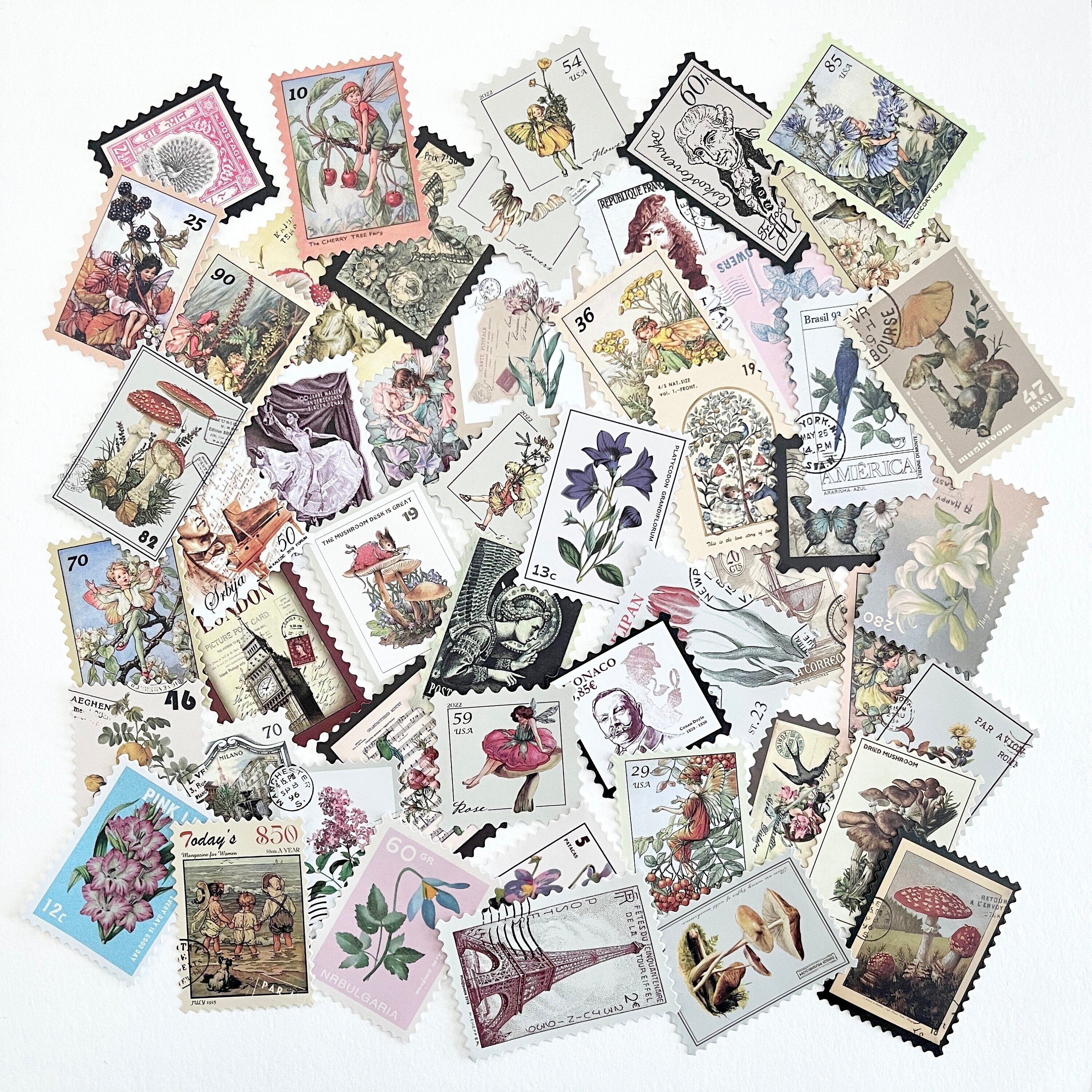 50 Mixed Design Vintage Stamp Stickers - Floral Fairy Botanical ...