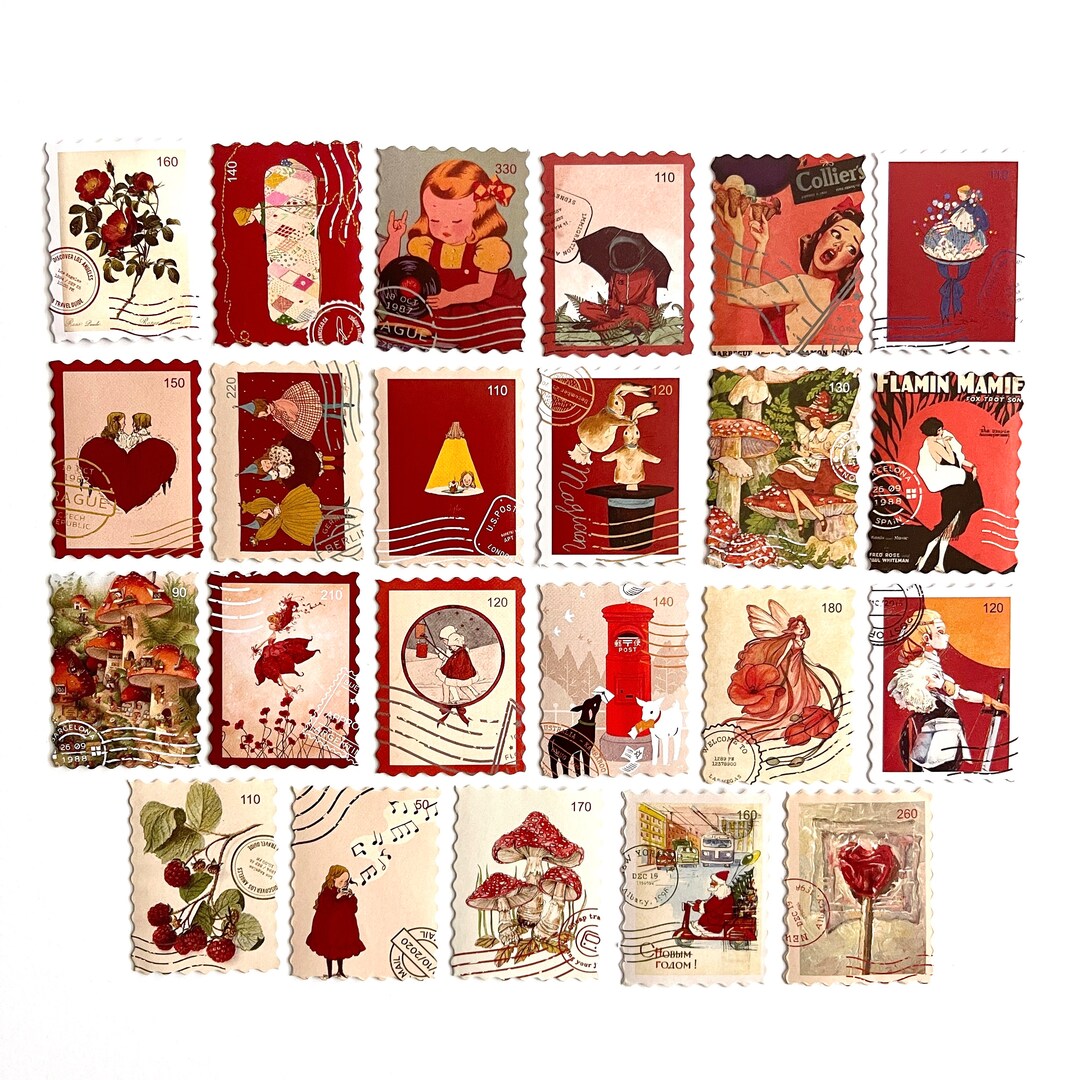 40 Vintage Red Stamp Stickers - Adorable Boho Red Theme - Floral Young ...
