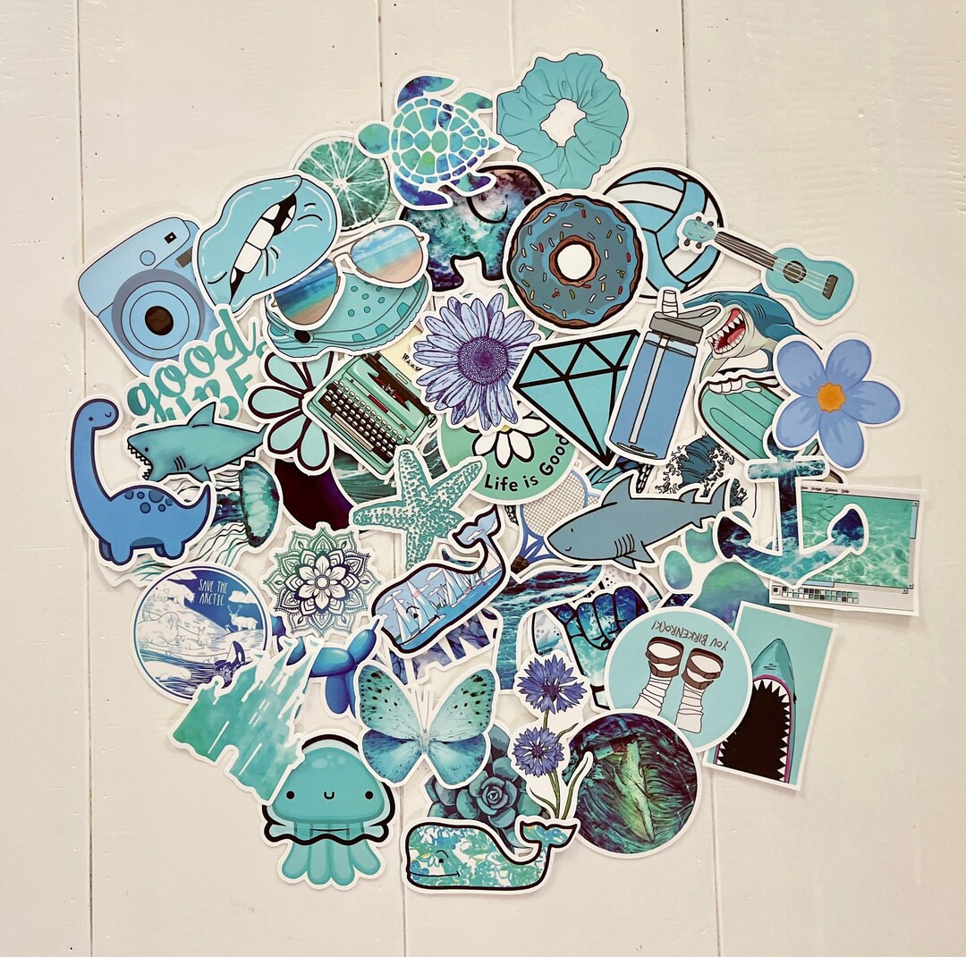 50 Hip Blue Teenage Themed Stickers - VSCO Girl Sticker - Blue Boho ...
