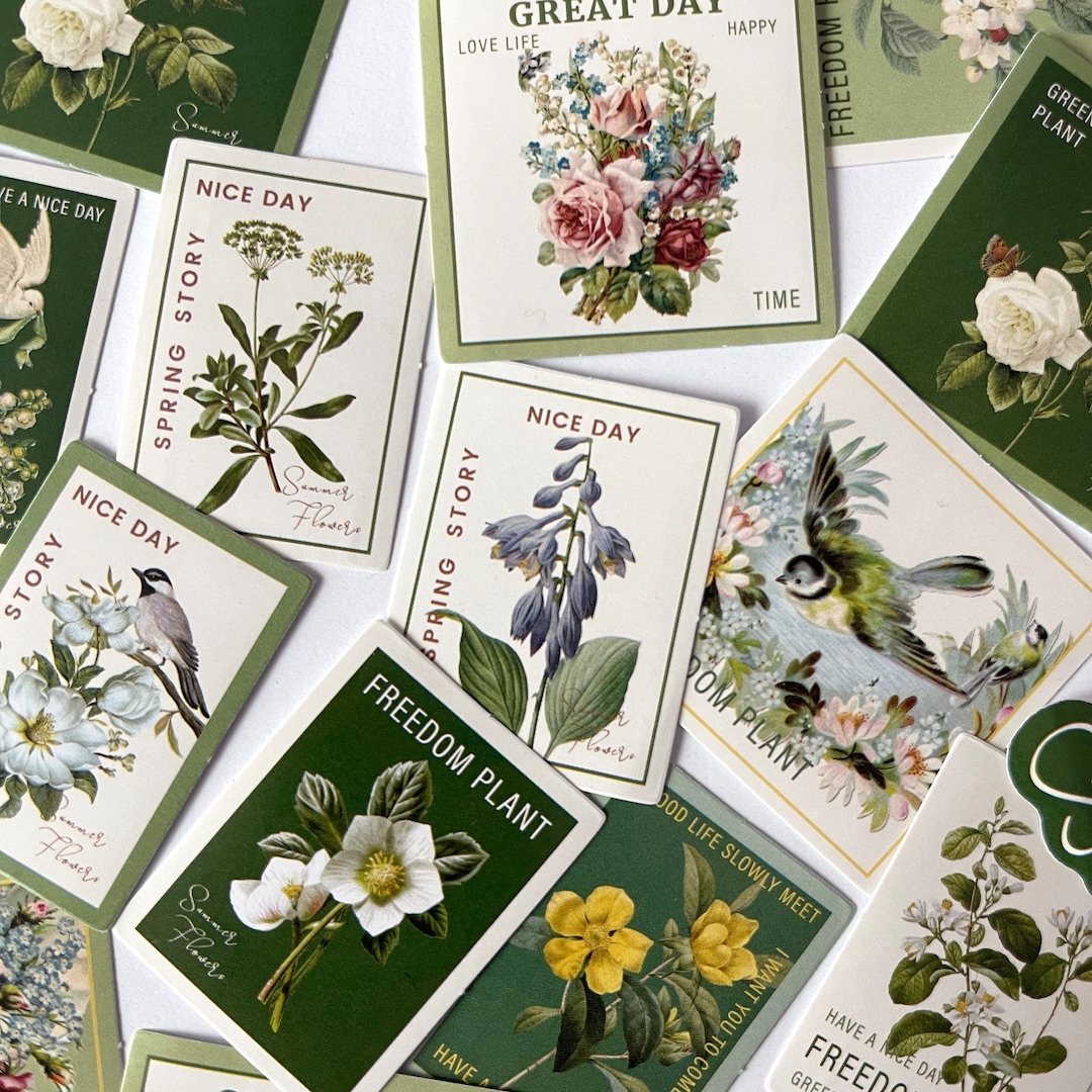 40 Vintage Green Flower Stamp Stickers - Floral Bird Stamp Sticker ...