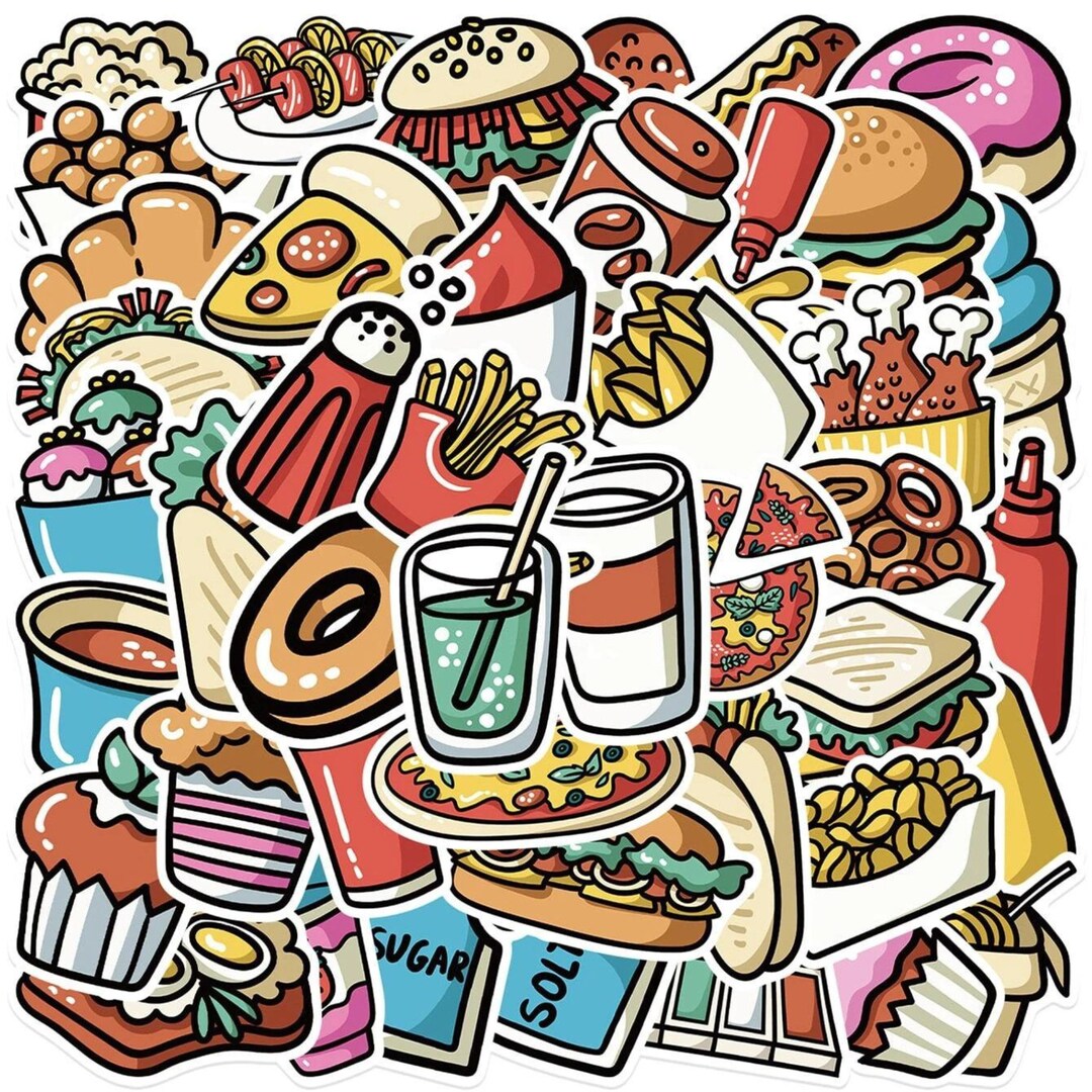40 Retro Cartoon Food Themed Stickers Hamburger Fries Food - Etsy