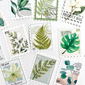 25 Green Botanical Designed Stamp Stickers - Green Themed Fern Leaf ...