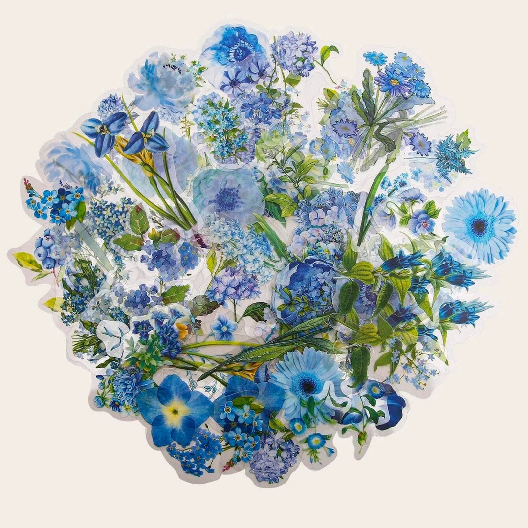 Blue Floral Botanical Stickers Clear Blue Flower Stickers - Etsy