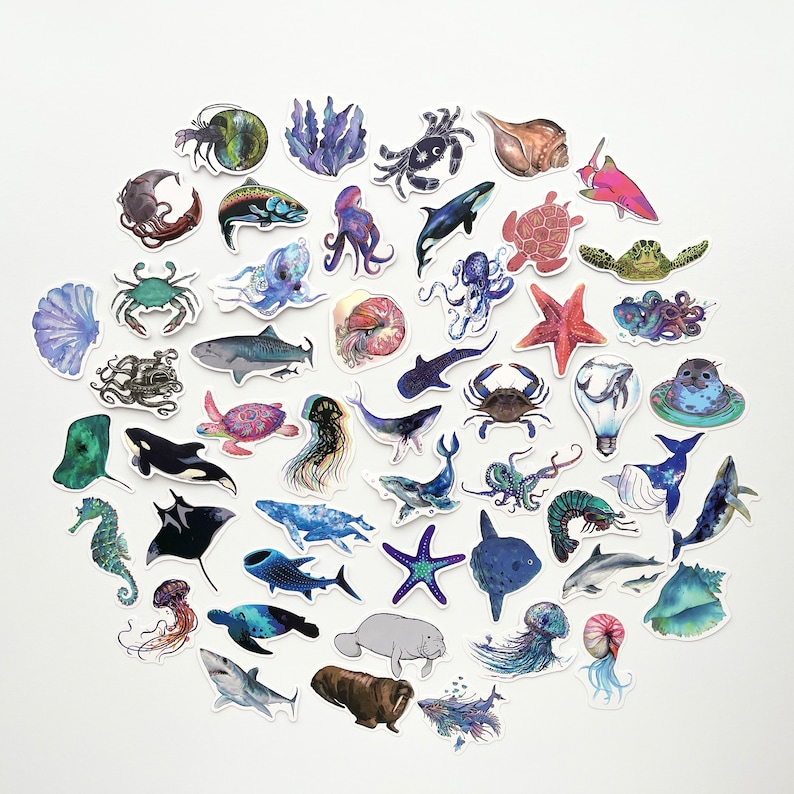 50 Whimsical Ocean Themed Sticker Set Ocean Watercolor Like - Etsy