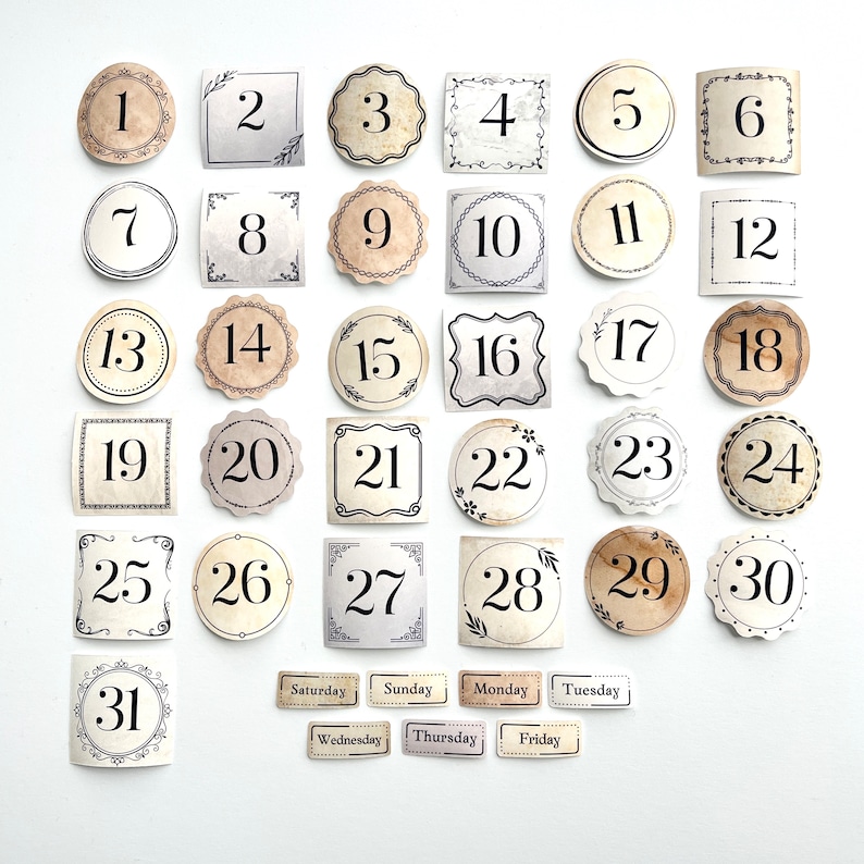 Vintage Calendar Number Labels, Weathered Sticker Design, for Crafting ...