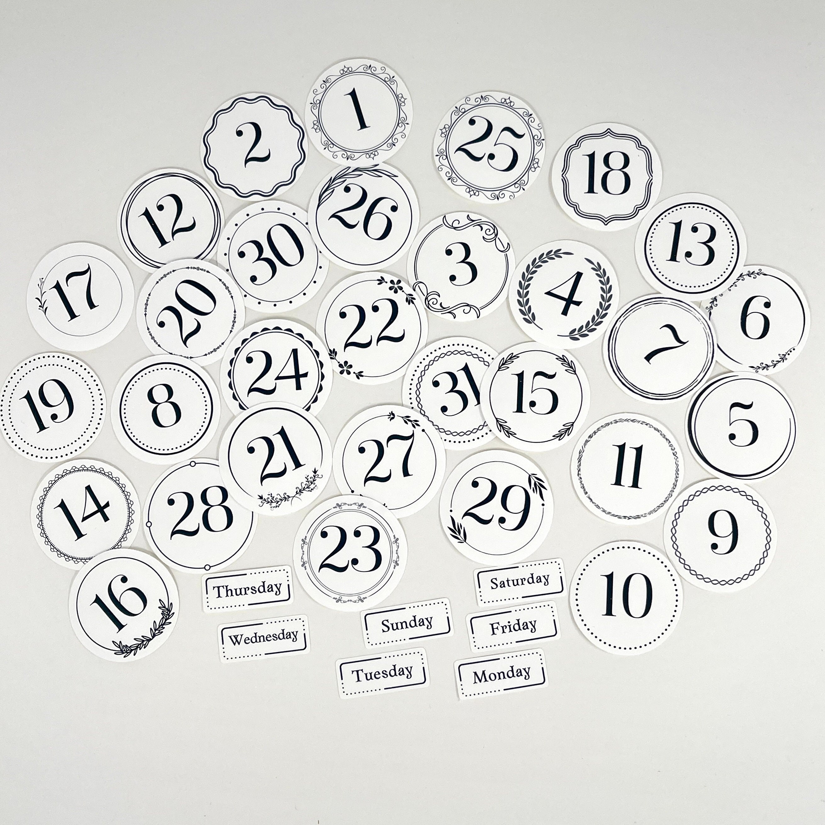 Classic Round Calendar Number Labels, Black and White Stickers, for ...