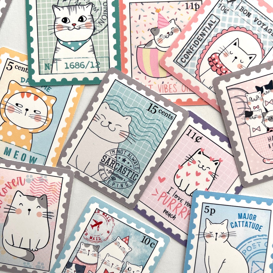 25 Colorful Funny Cat Stamp Stickers - Cartoon Cats With Quotes - NOT ...