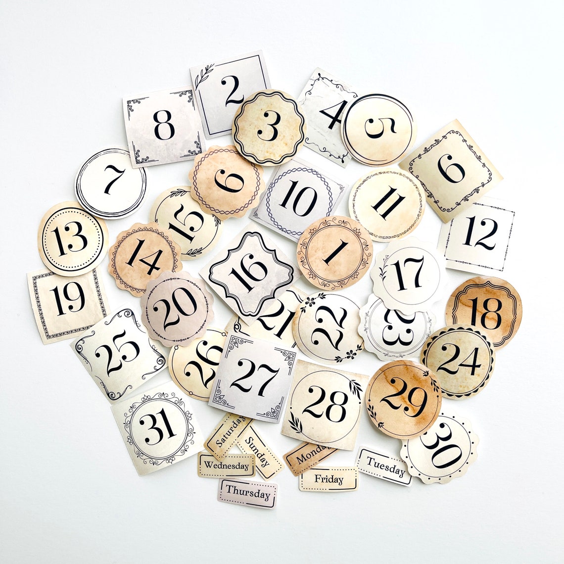 Vintage Calendar Number Labels, Weathered Sticker Design, for Crafting ...