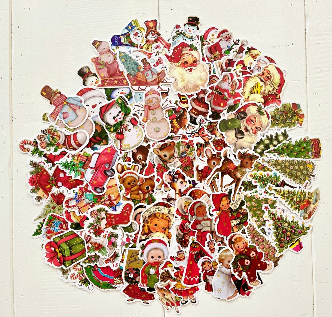 Vintage Christmas Stickers - Santa Snowman Stocking Reindeer Holiday ...