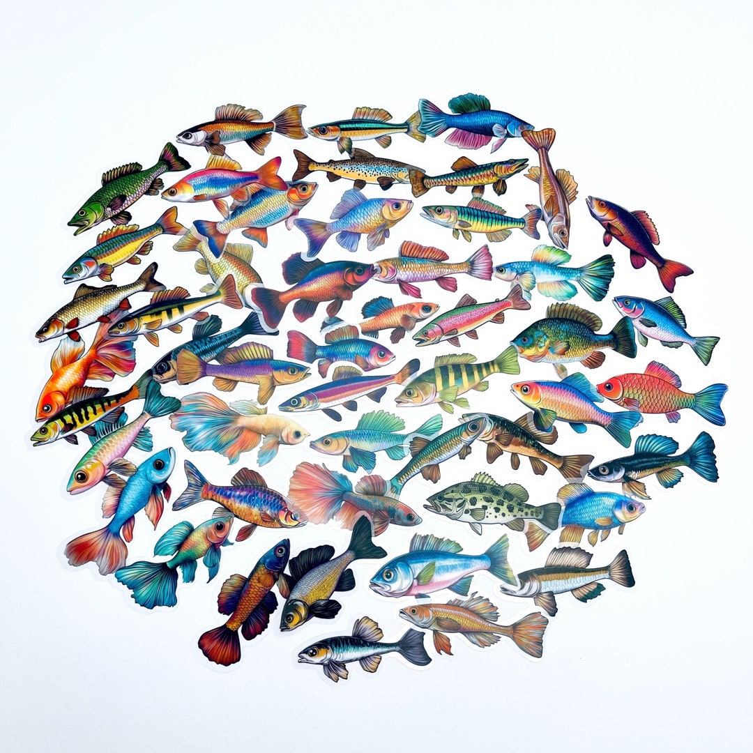 50 PET Plastic Colorful Fish Stickers - Watercolor Like Style Stickers ...