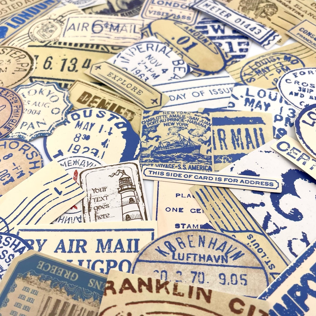 50 Vintage Travel Postage Design Stickers - Wonderful Blue Vintage ...