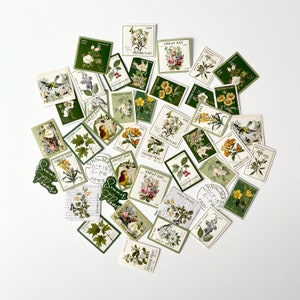 40 Vintage Green Flower Stamp Stickers - Floral Bird Stamp Sticker ...