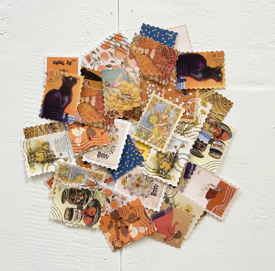 40 Vintage Orange Stamp Stickers Adorable Boho Flower Fairy Mucha ...