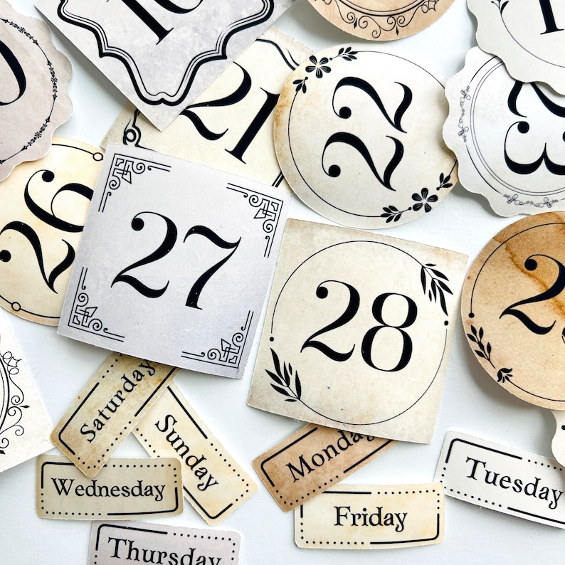 Vintage Calendar Number Labels, Weathered Sticker Design, for Crafting ...