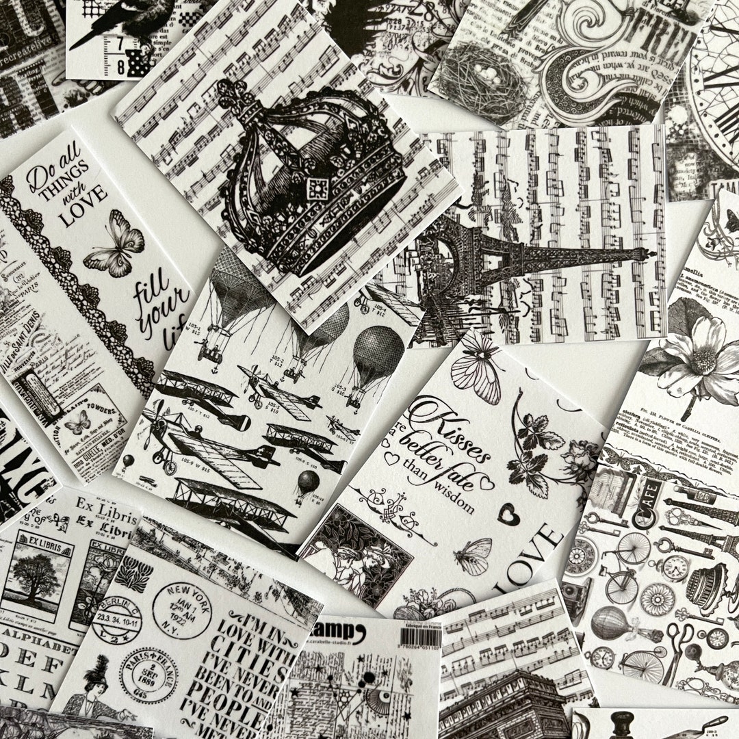 50 Vintage Parisian Writing Paper Stickers - Black and White Matt ...