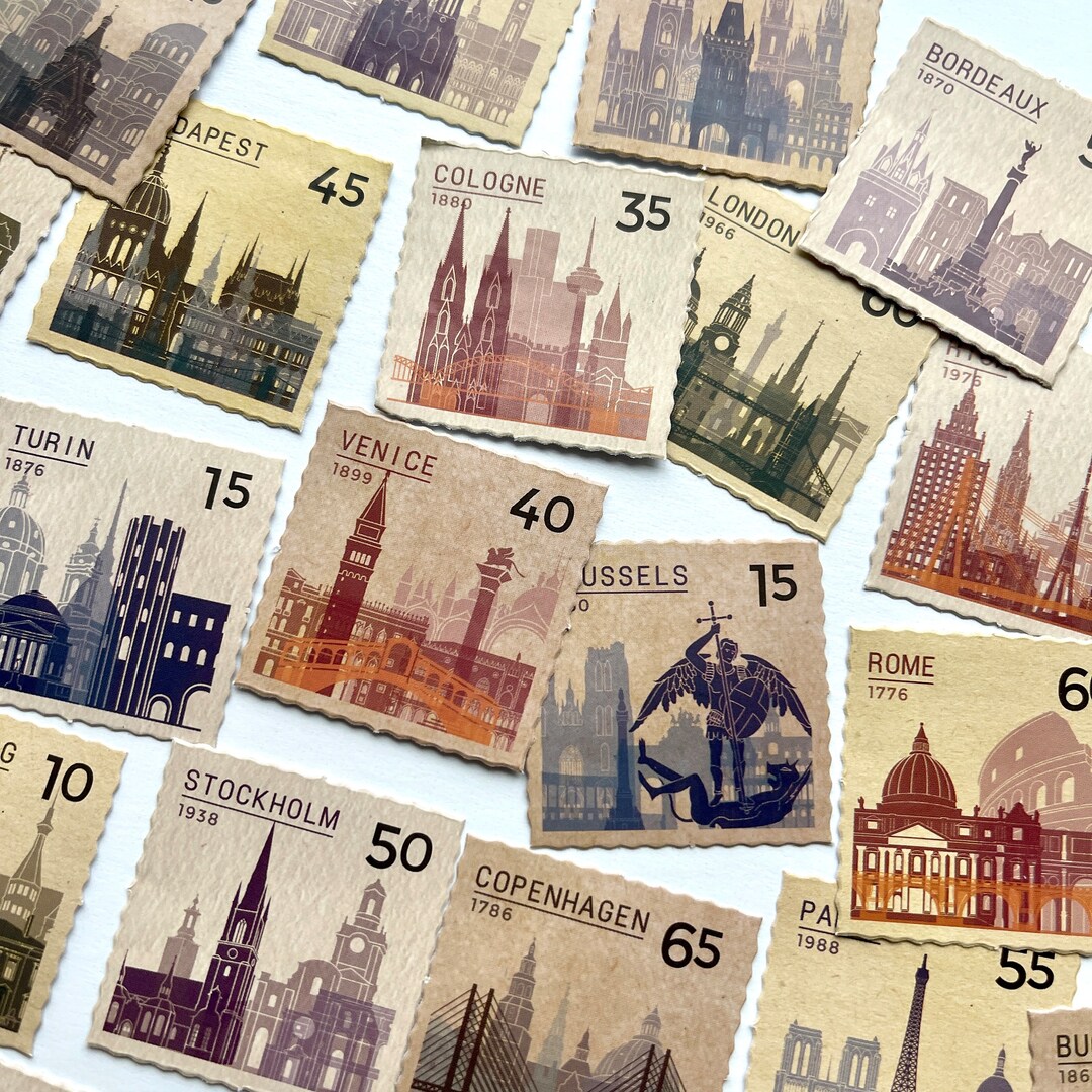 44 Vintage Travel Stamp Design Stickers Mock Stamps Different Countries ...