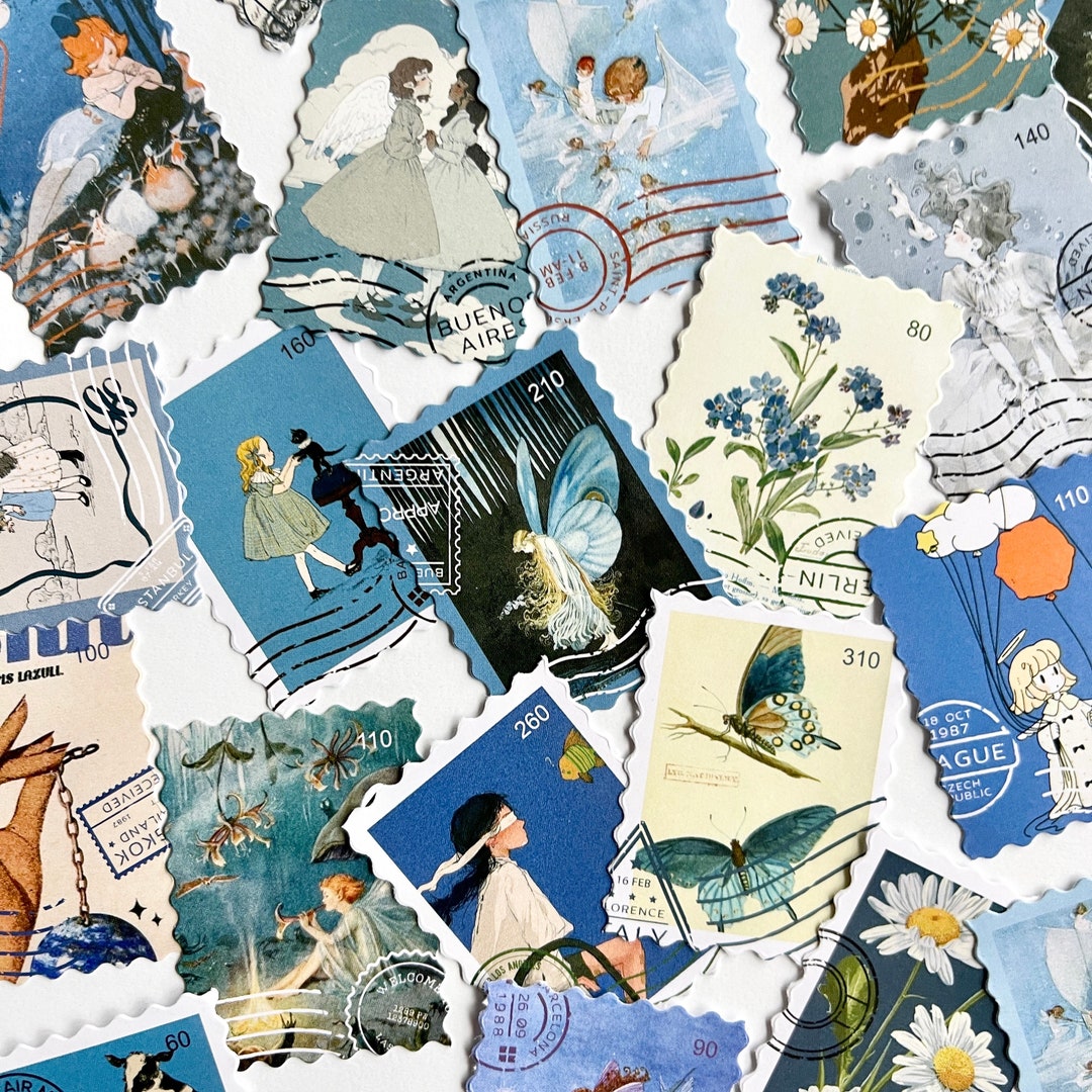 40 Vintage Blue Stamp Stickers - Boho Whimsical Floral Fairy Designs ...