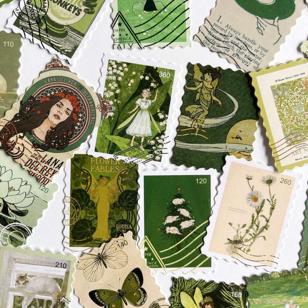 40pcs Vintage Green Stamp Stickers - Whimsical Boho Floral Design for ...