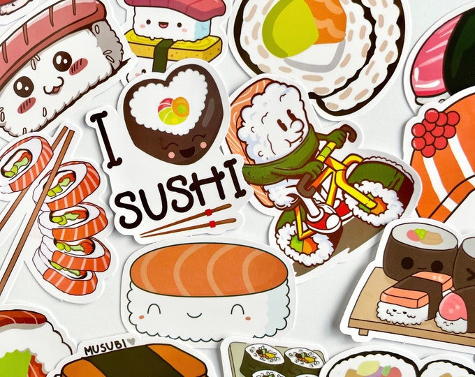 50 Cartoon Sushi Stickers- Food Cartoon Stickers - Great for Crafts ...