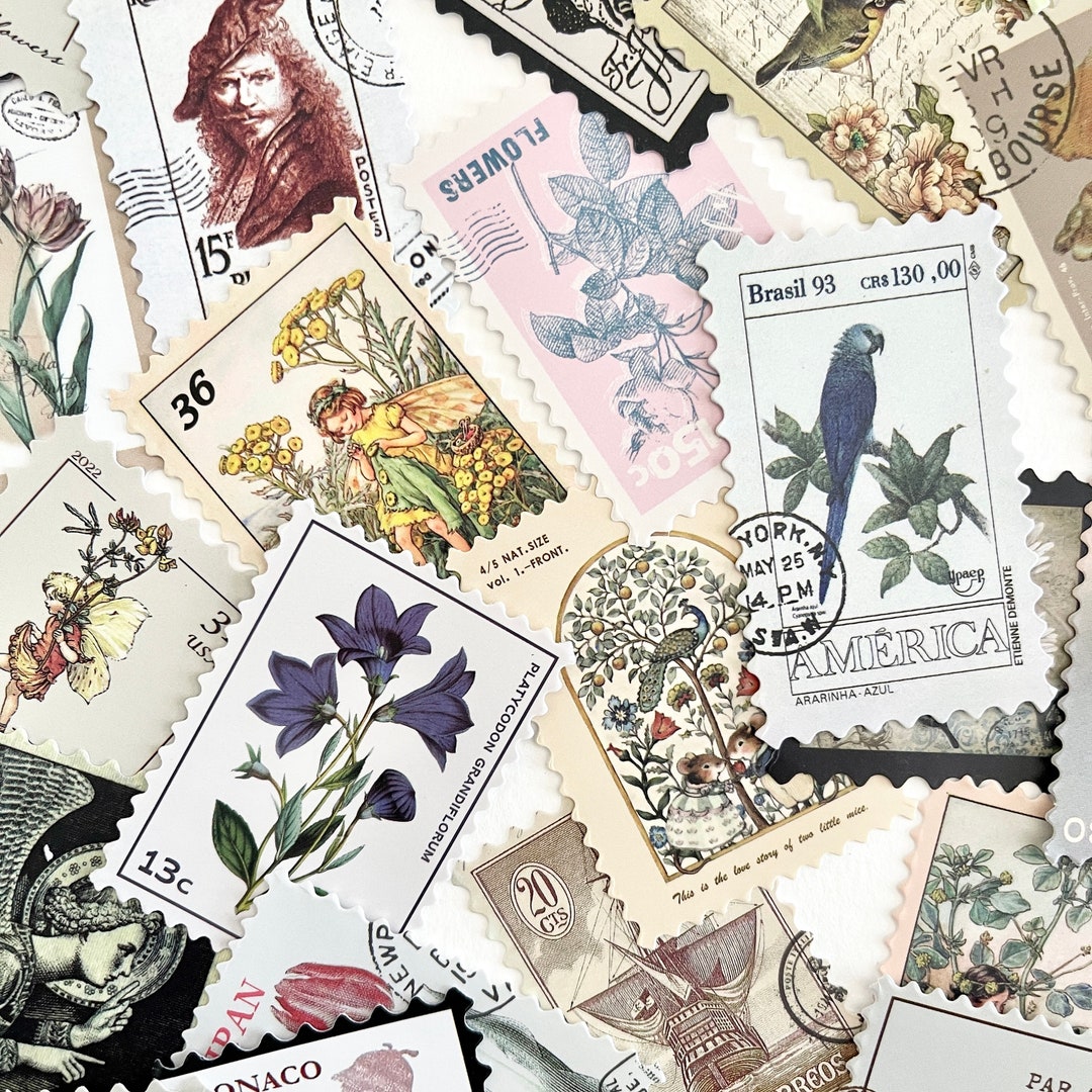 50 Mixed Design Vintage Stamp Stickers Floral Fairy Botanical Parisian ...