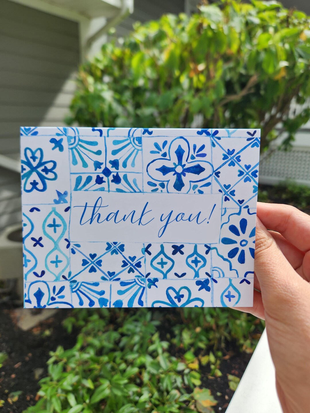 Mediterranean Tile Thank You Card, Watercolor Blue Tiles Thanks - Etsy