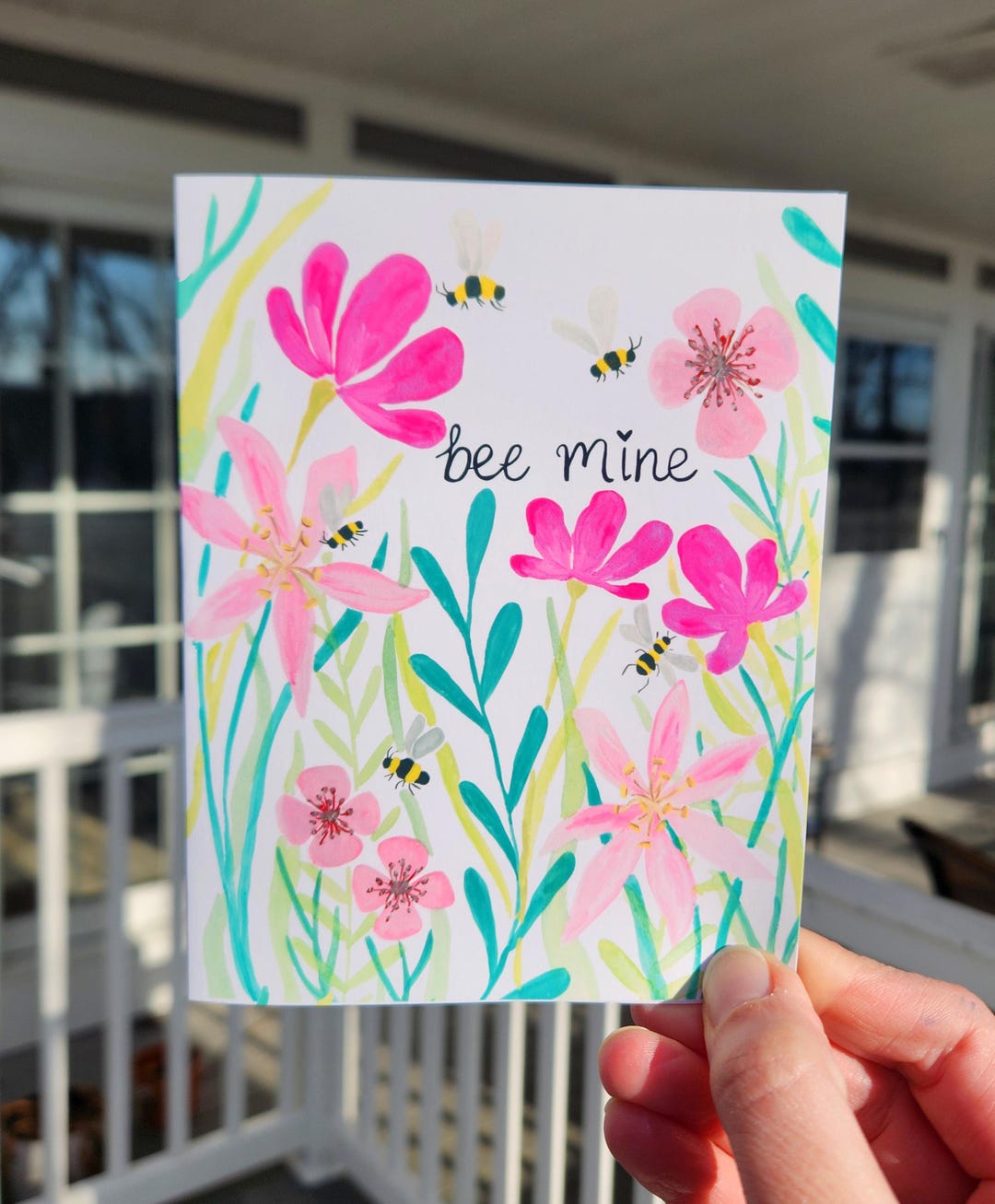 Bee Mine Valentine's Day Card: Watercolor Floral Bee Design - Etsy