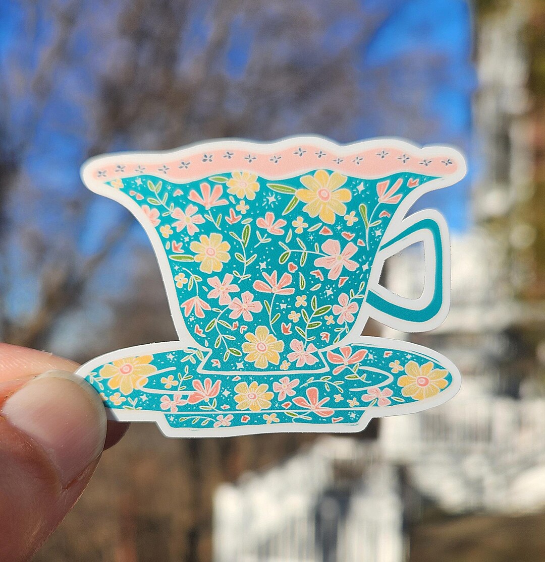 Floral Teacup Sticker: Teal Waterproof Vinyl Decal - Etsy