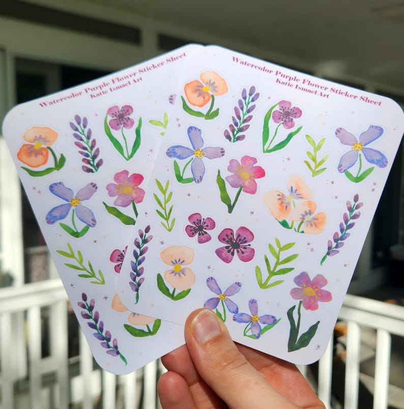 Purple Flower Sticker Sheets, Watercolor Floral Planner Journal ...