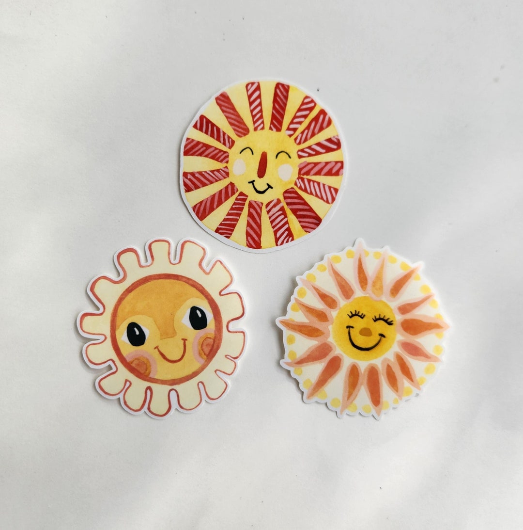 Watercolor Smiling Sun Stickers Pack, Illustrated Stickers Set, Cute ...