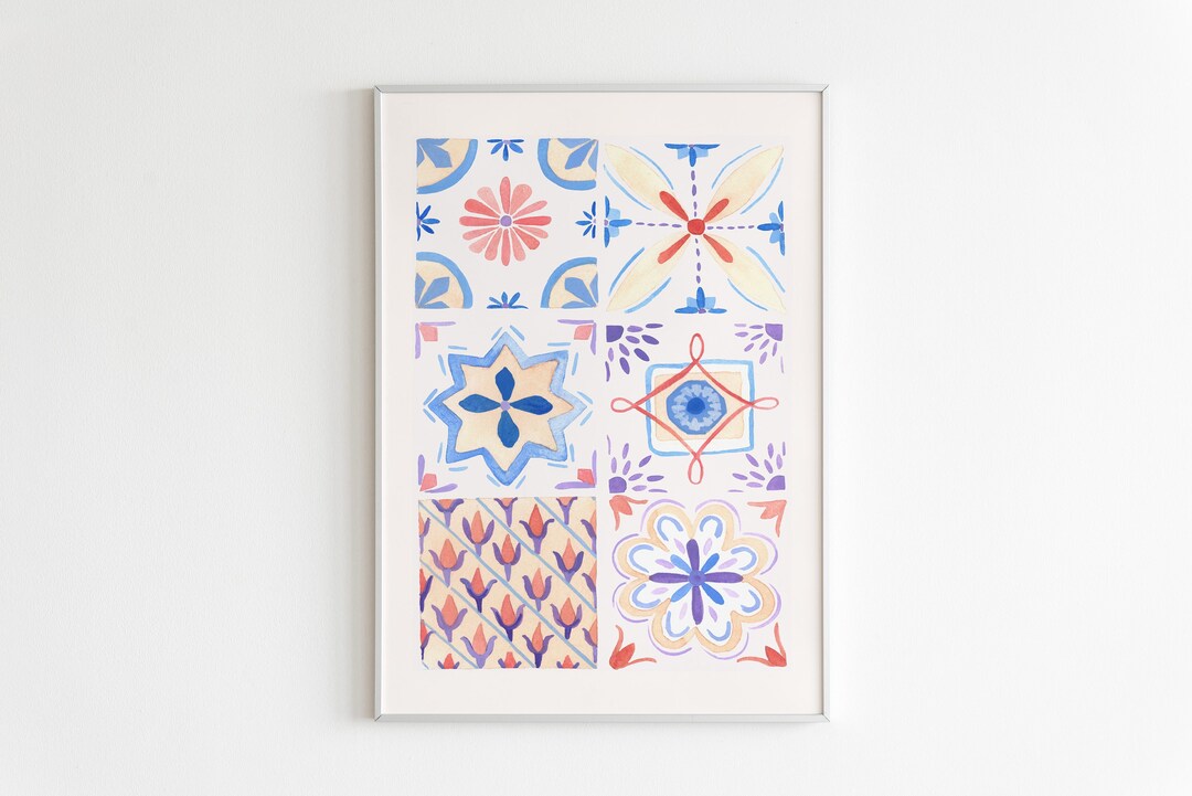 Boho Tile Wall Art, Pink and Blue Italian Tile Painting, Watercolor ...