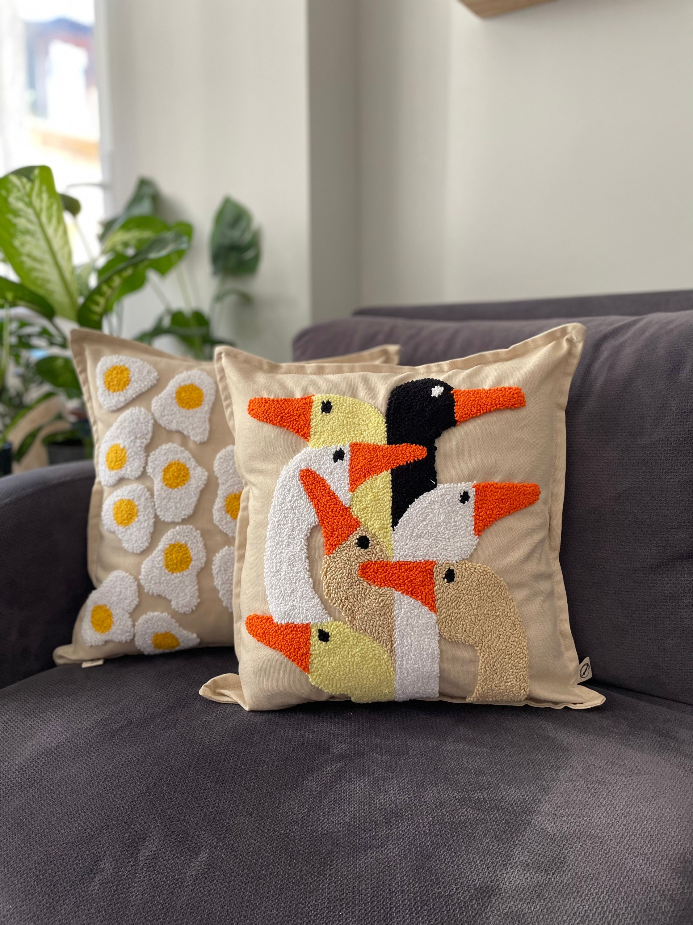 Punch Needle Embroidery Yellow Duck Pillow Cover , Hand Tufting Pillow ...