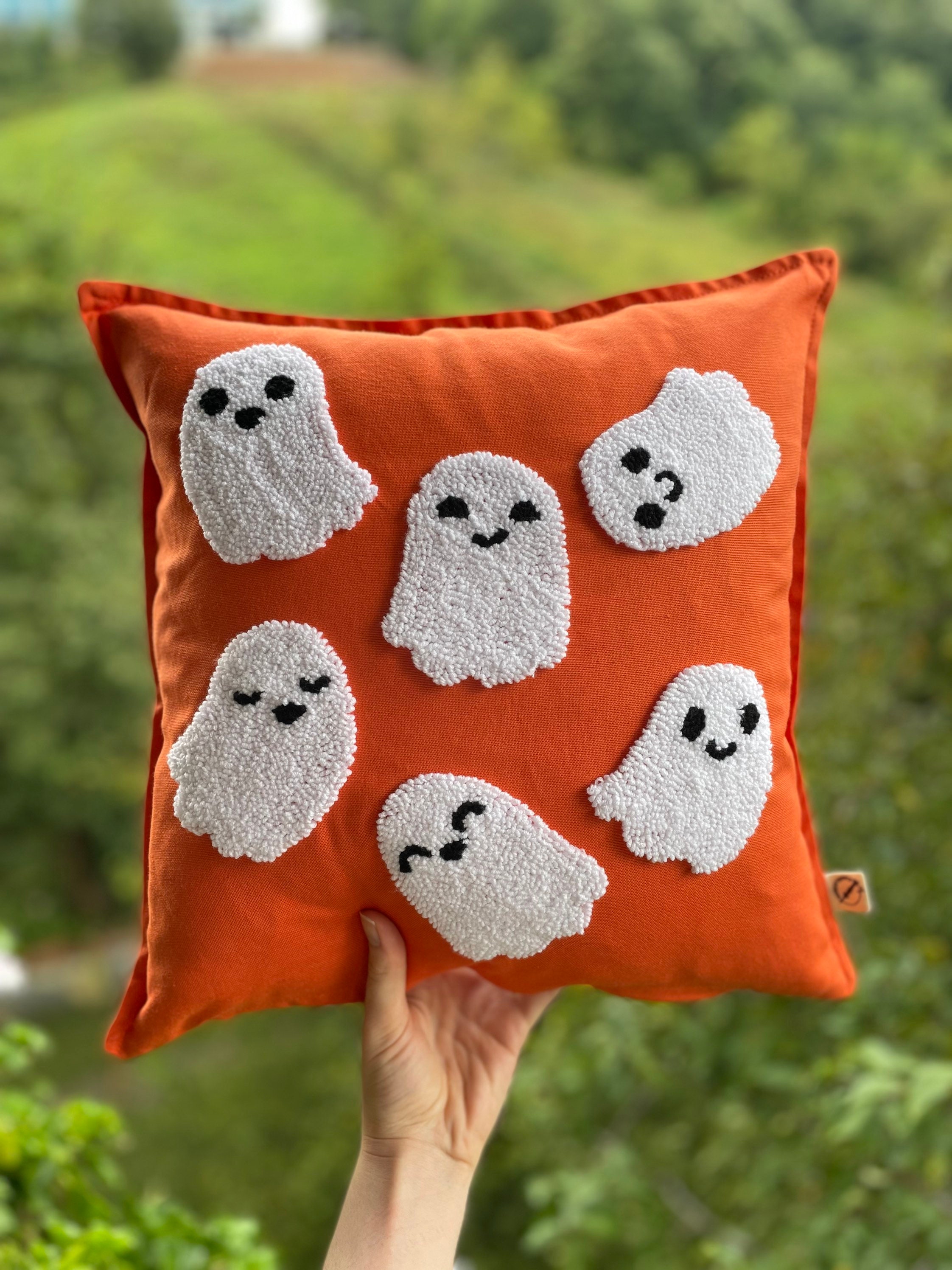 Halloween Ghost Handmade Punch Needle Orange Pillow Cover Decorative Halloween Pillow Embroidered Cushion Cover Etsy