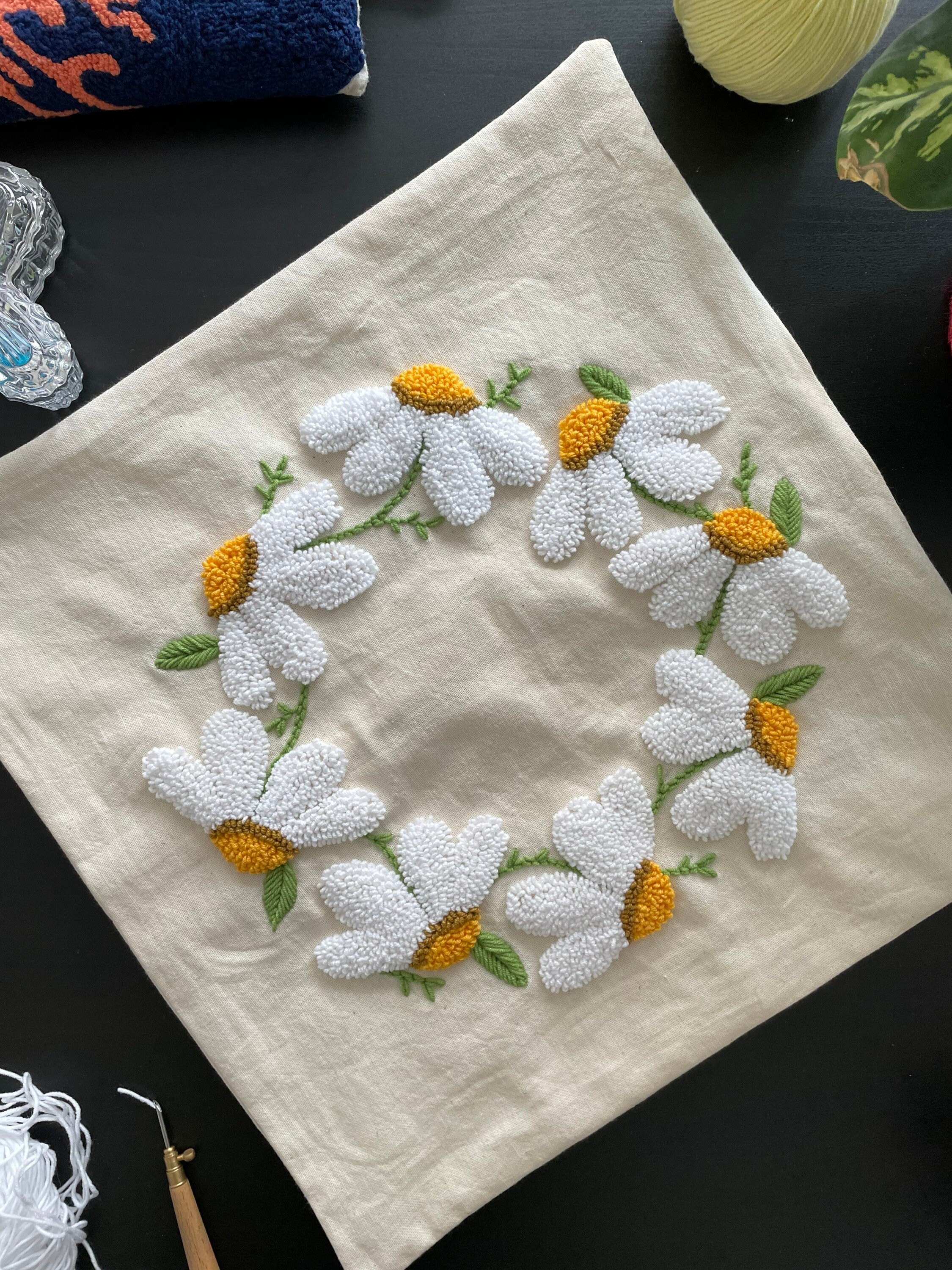 Handmade Punch Needle Embroidery Circle Daisy Pillow Cover - Etsy