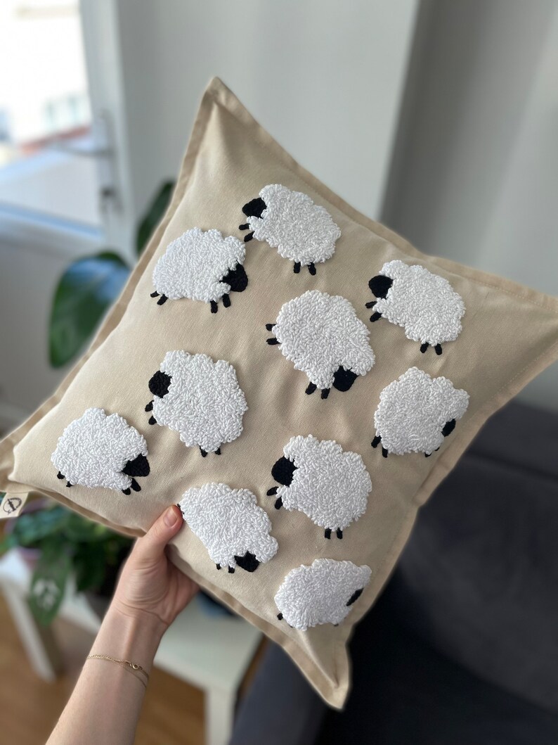 Handmade Sheep Punch Needle Pillow Tuft Pillow Dorm Room - Etsy