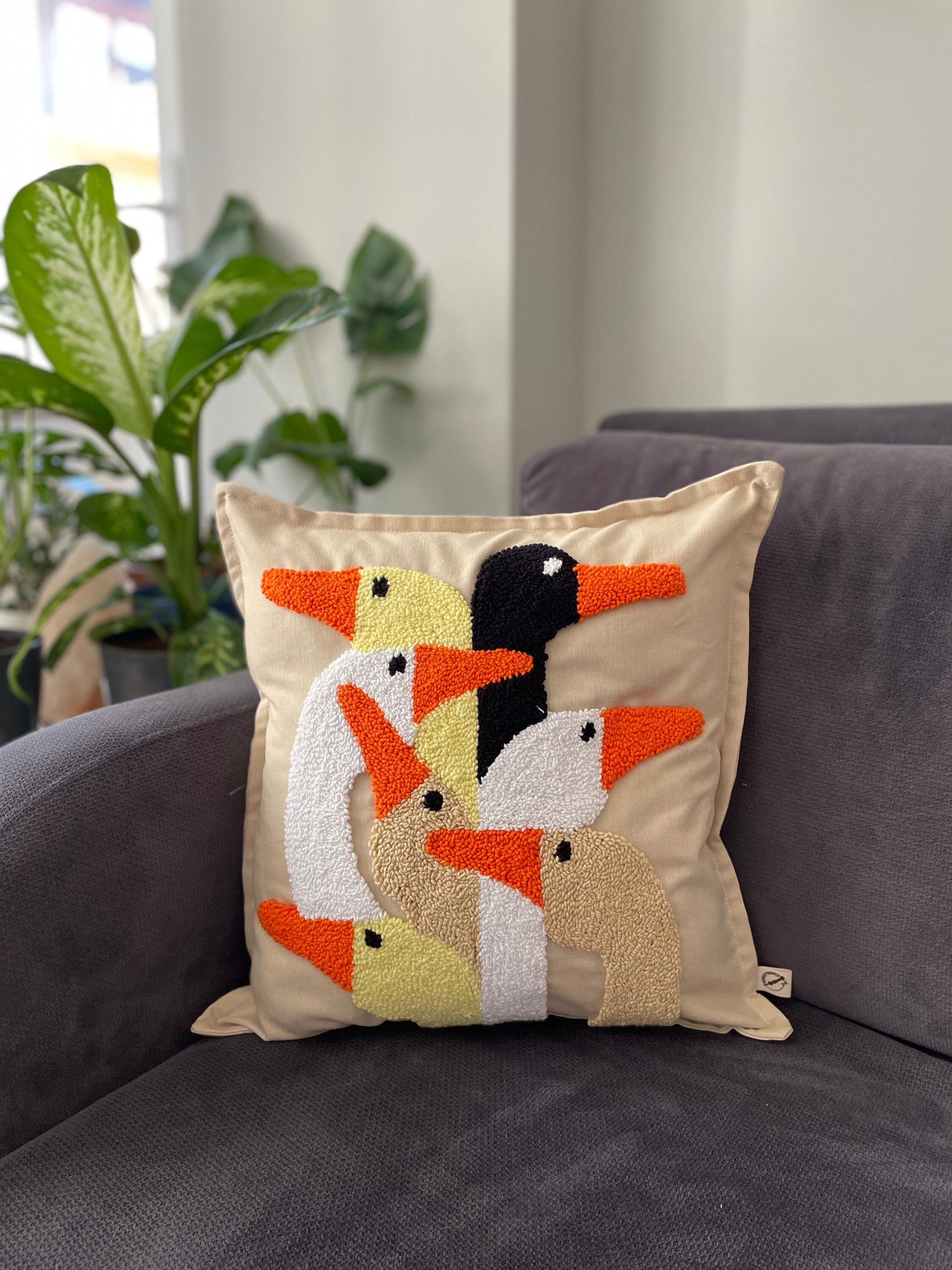 Punch Needle Embroidery Yellow Duck Pillow Cover , Hand Tufting Pillow ...