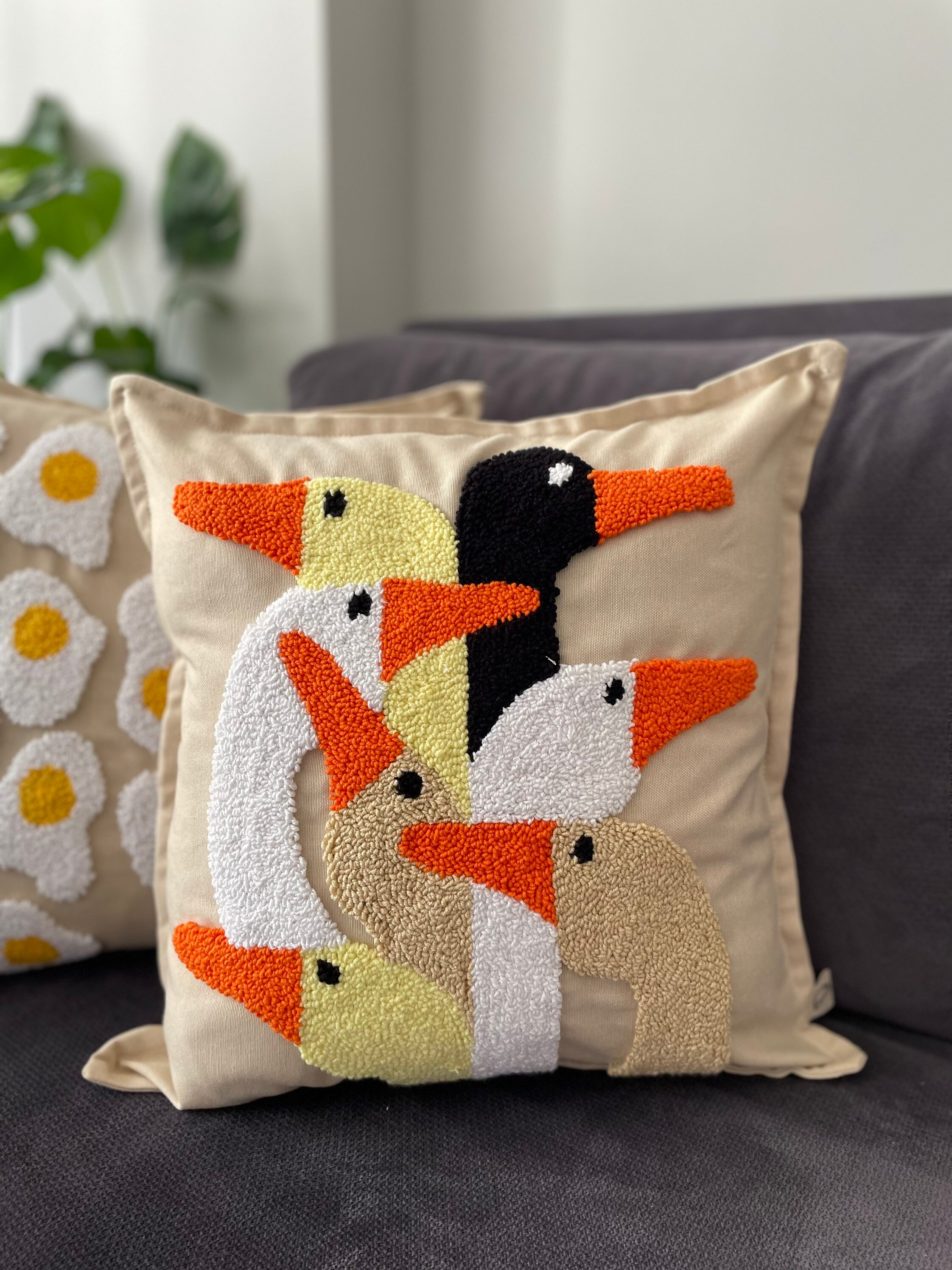 Punch Needle Embroidery Yellow Duck Pillow Cover , Hand Tufting Pillow ...