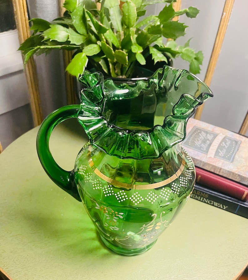 Green Hand Painted Depression Glass Ruffled Pitcher Floral - Etsy
