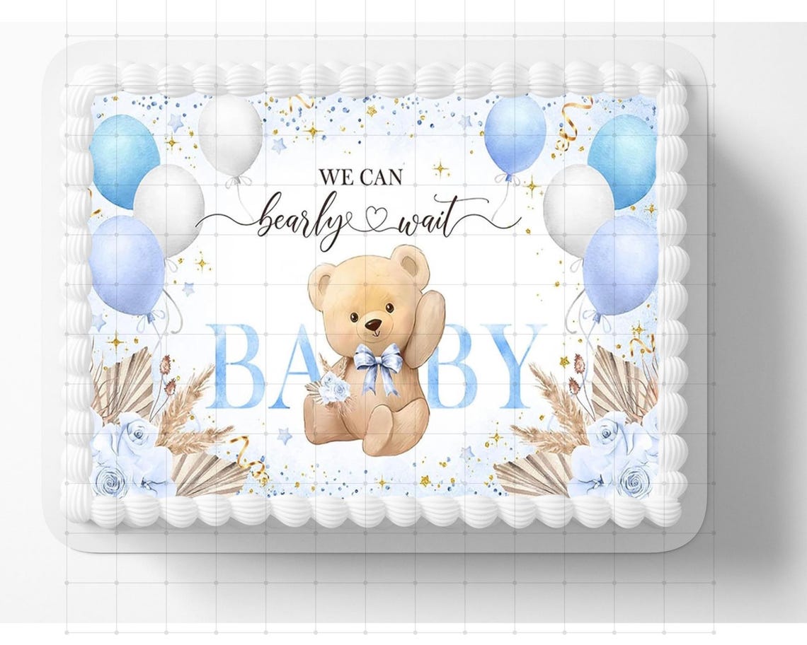 Blue Bearly Wait Balloon Bear Themed Edible Image Boy Baby Shower Party ...