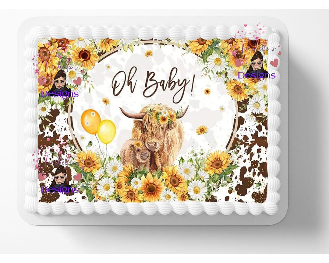 Highland Cow Theme Edible Image Oh Boy Sunflower Edible Birthday Cake ...