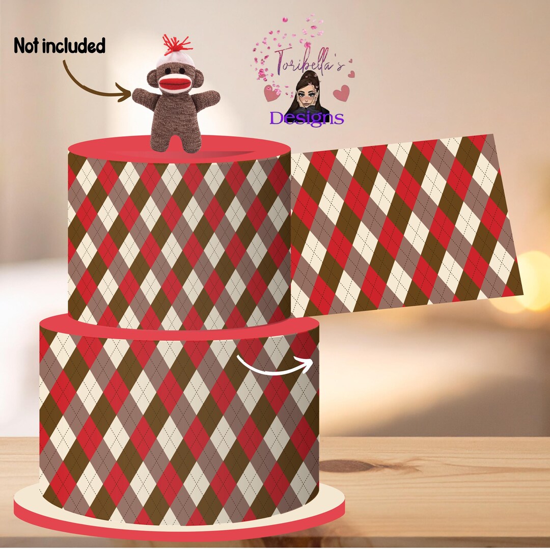 Argyle Monkey Brown Themed Edible Cake Wrap Side Border Decorations Two ...