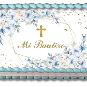 Personalized Baptism Mi Bautizo Blue Flowers Image Edible Cake Topper ...